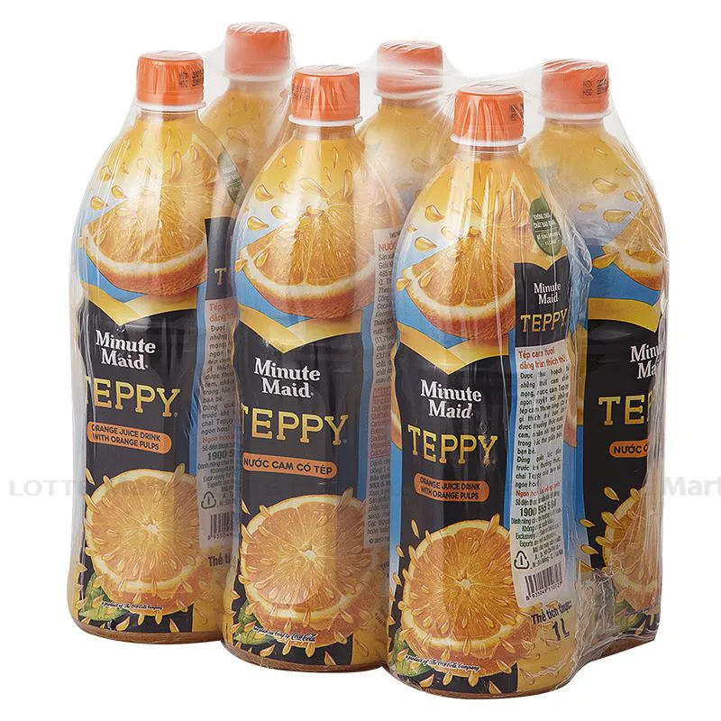 Lốc 6 Chai Nước Cam Có Tép Teppy 1L/Chai