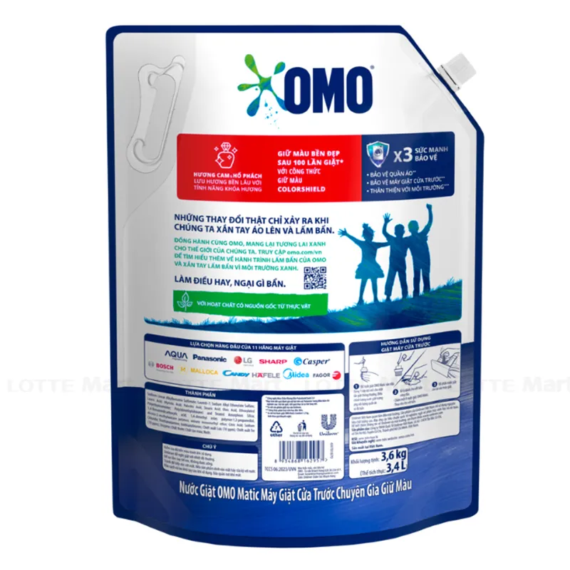 Nước Giặt Omo Matic Cửa Trước Bền Đẹp Lựu & Tre 3.6kg