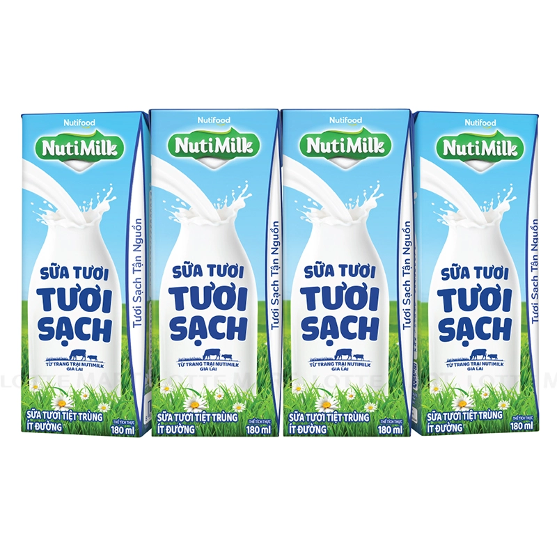 Sữa Tươi Tiệt Trùng Nutimilk 100 Điểm Ít Đường Lốc 4 Hộp 180ml