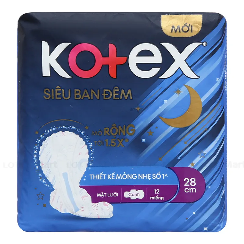 Băng Vệ Sinh Kotex Siêu Ban Đêm Dày Cánh 28cm Gói 12 Miếng