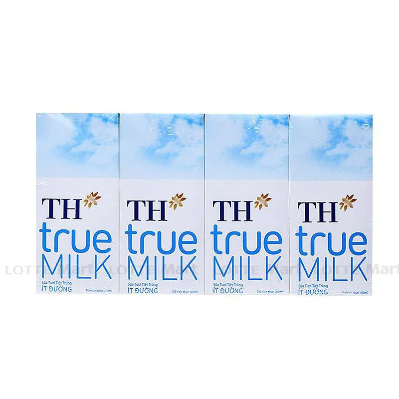 Sữa Tươi Tiệt Trùng TH True Milk Ít Đường Lốc 4 Hộp 180ml