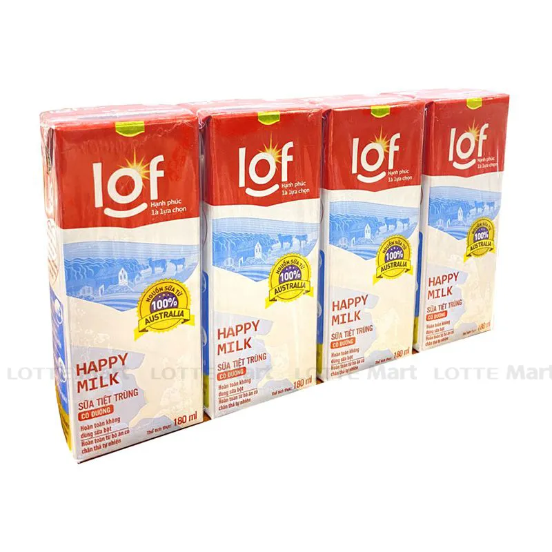 Sữa Tiệt Trùng Lof Happy Milk Có Đường Lốc 4 Hộp 180ml