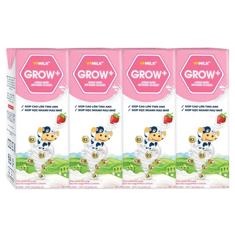 Sữa Tươi Tiệt Trùng VPMilk Grow+ Hương Dâu Lốc 4 Hộp Hộp 180ml